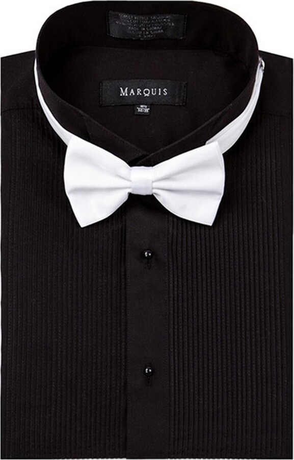 The Dapper Tie Marquis Men's Black Regular Fit Wing Tip Collar Tuxedo Dress Shirt with Bowtie ...