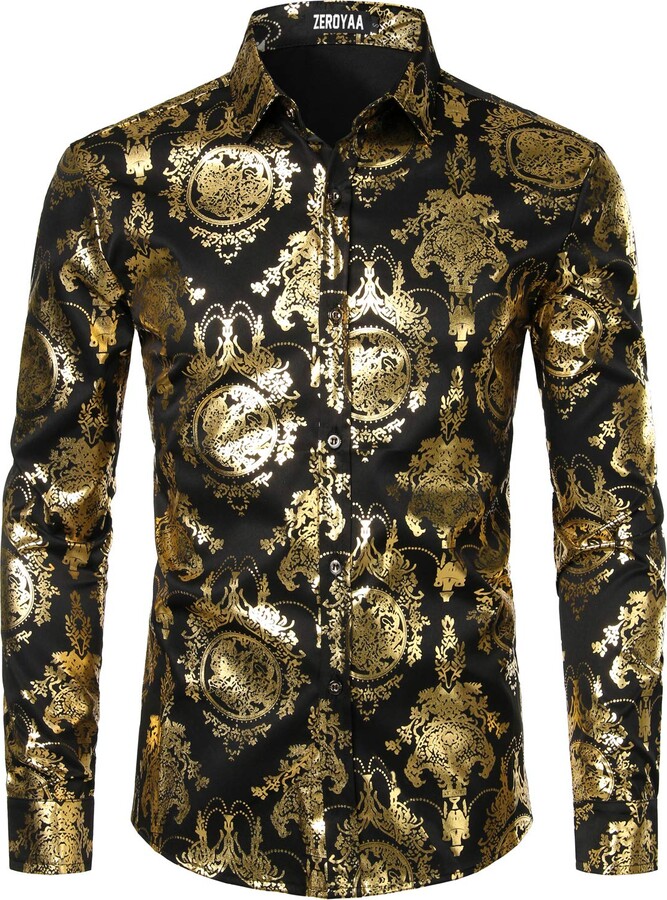 ZEROYAA Men's Luxury Shiny Gold Design Slim Fit Long Sleeve Button up ...