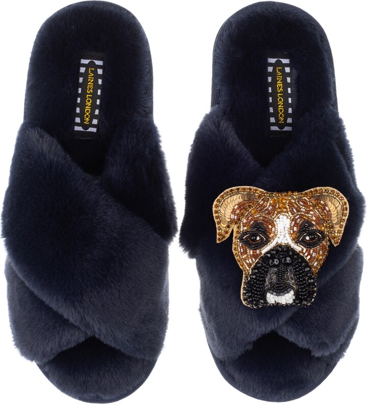 LAINES LONDON - Classic Laines Slippers With Pip The Boxer Dog Brooch ...