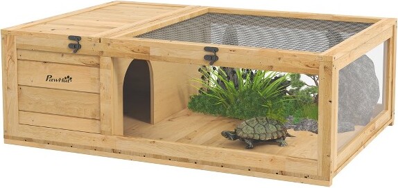 Pawhut Wooden Tortoise House Indoor Turtle Habitat Enclosure Outdoor ...