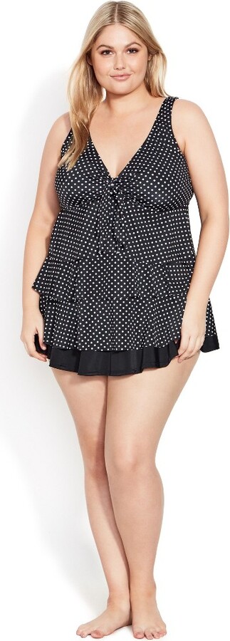 Evans | Women's Plus Size Ruffled Print Tankini Top - black spot - 14W ...