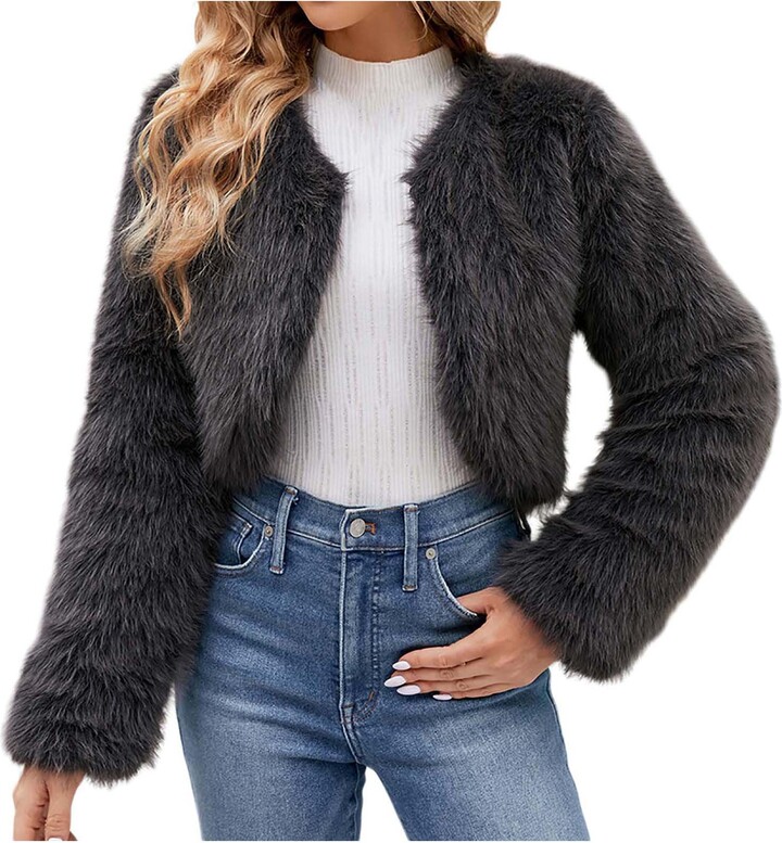 AMhomely Womens Faux Fur Coat Short Plus Size Cropped Furry Jacket Fluffy Coats For Dress Open ...