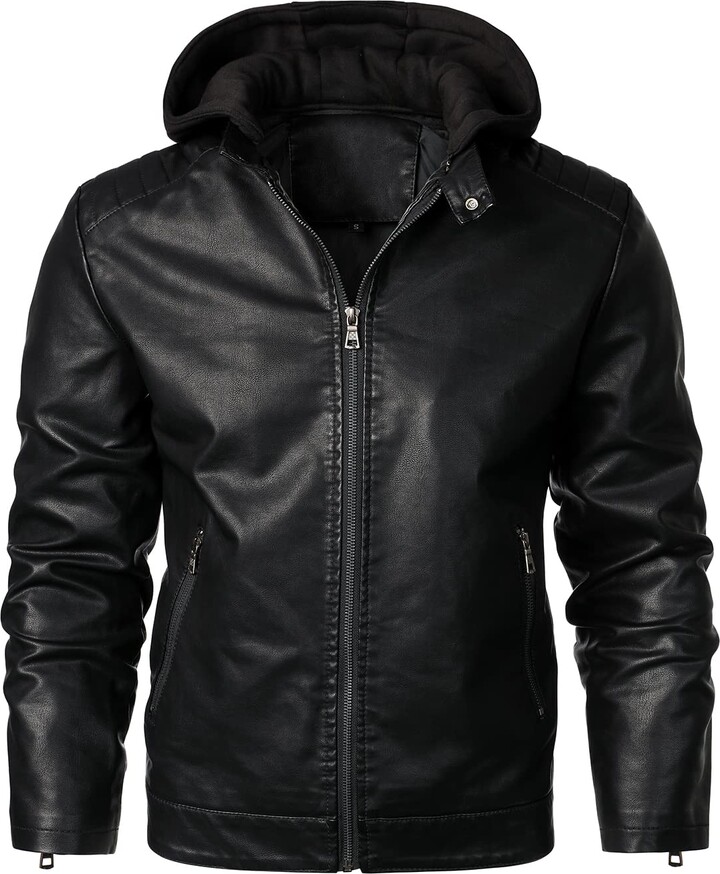 HOOD CREW Men’s PU Faux Leather Jacket Motorbike Coat Zip Up Causal Jacket Black 3XL - ShopStyle