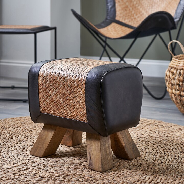 Pacific Lifestyle Pommello Leather and Rattan Stool Black - ShopStyle