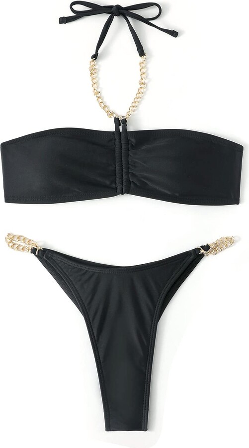 Greensen 2 Pcs Women Swimwear Split Halter Top Triangle Bottom Swimsuit ...