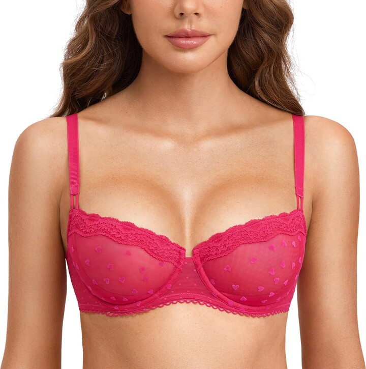 DOBREVA Women's Sexy Lace Balconette Bra Underwire Unlined Demi Sheer Plus Size Bright Rose 40D ...