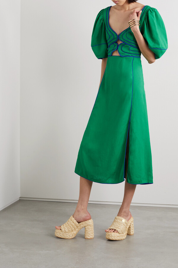 Farm Rio Piped Cutout Linen-blend Midi Dress - Green - ShopStyle