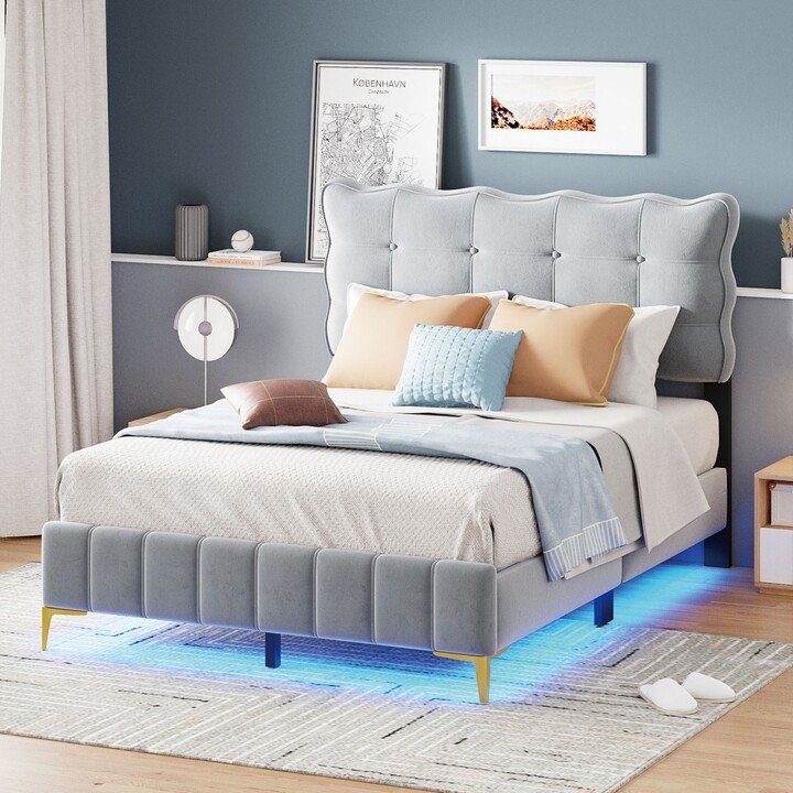 Simplie Fun Full Size Velvet Platform Bed With Led Frame And Stylish ...
