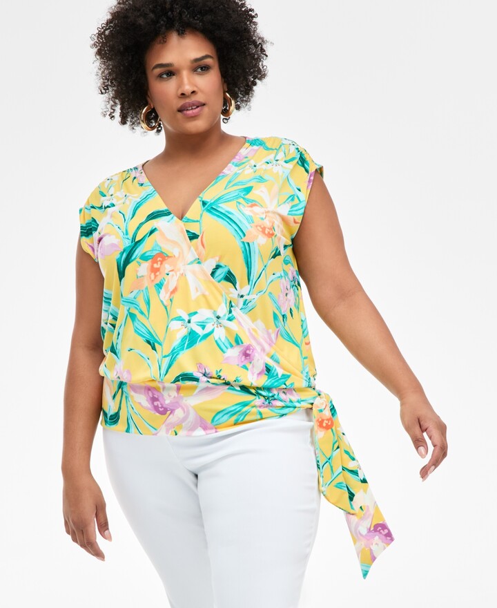INC International Concepts Plus Size Printed Side-Tie Cap-Sleeve ...