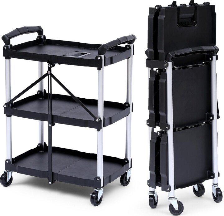 GAOMON Folding Utility Cart on Wheels - Foldable 3 Tier Rolling Cart ...