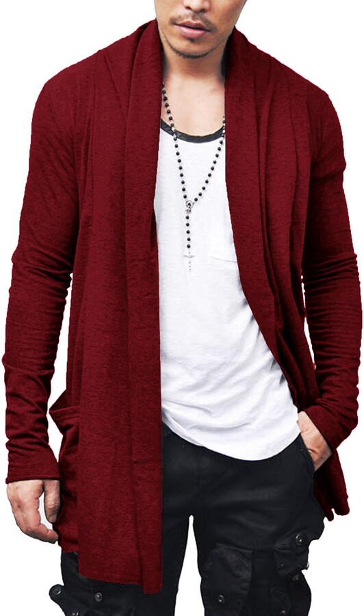 COOFANDY Men's Ruffle Shawl Collar Cardigan Open Front Lightweight Long ...