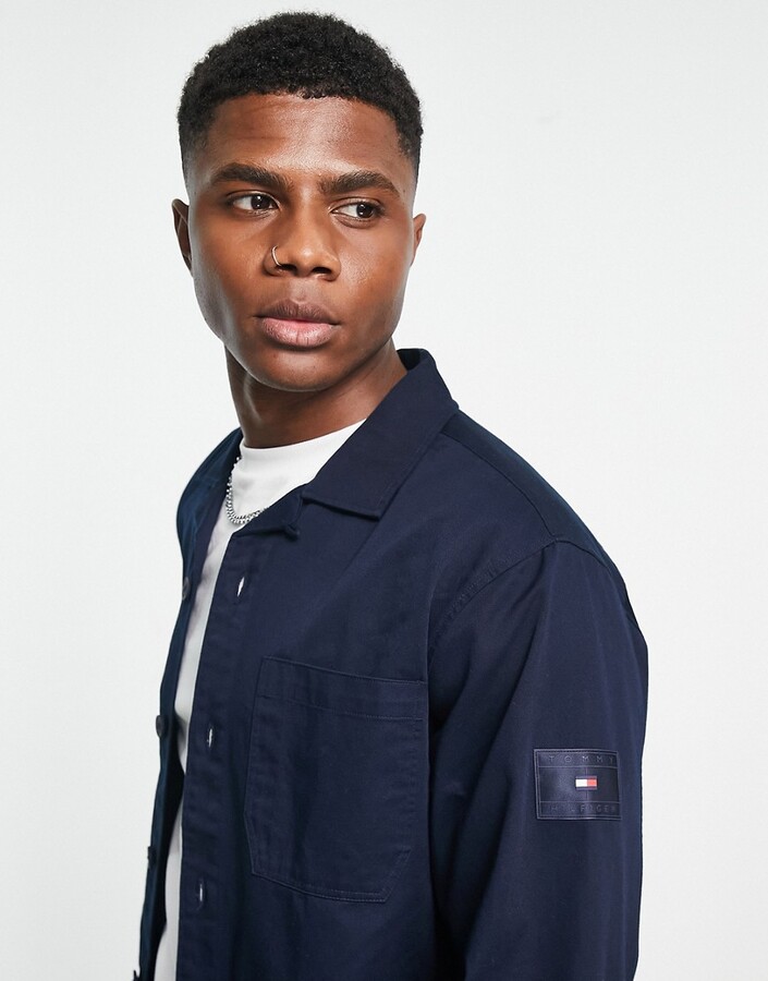 Tommy Hilfiger arm patch logo twill overshirt in navy - ShopStyle Shirts