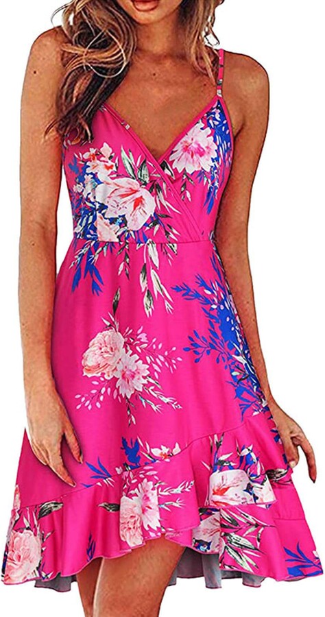 SMBHIAON Sling Dresses for Women - Contrast Color Flowers V-Neck ...