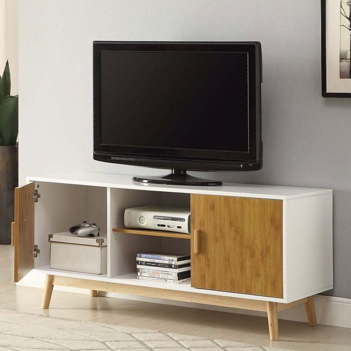 Modern 47-inch Solid Wood TV Stand in White Finish and Mid-Century Legs ...