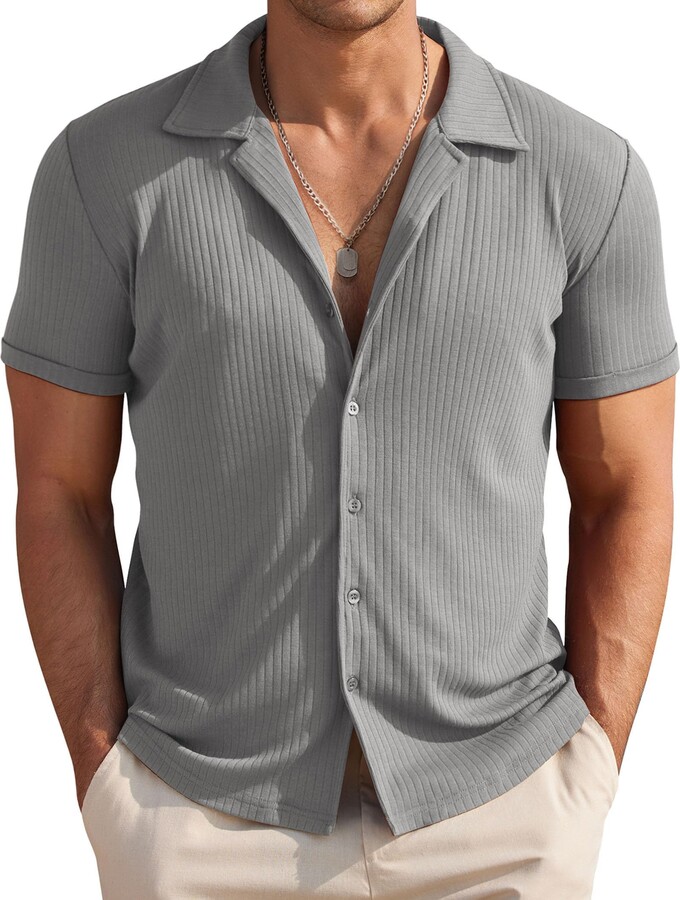 COOFANDY Men Summer Button Down Shirts Short Sleeve Cuban Shirts Knit Slim Fit Beach Shirts ...