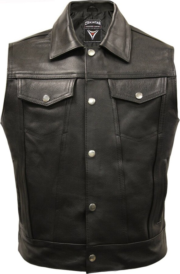 Skintan Mens Real Genuine Leather Full Grain Cowhide Plain Motorcycle Biker Gilet Waistcoat Cut ...