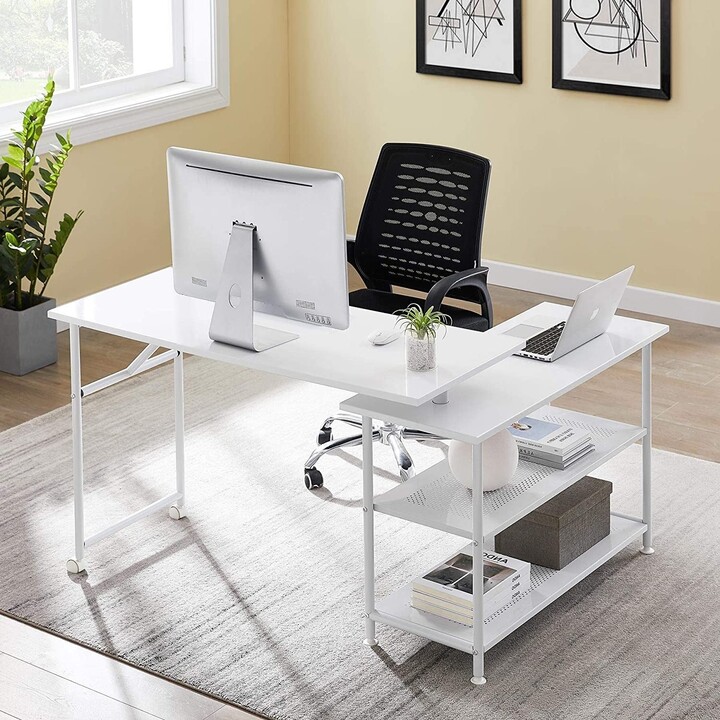 yuzhou L-shaped 360° Rotating Computer Desk with Open Storage Shelves ...