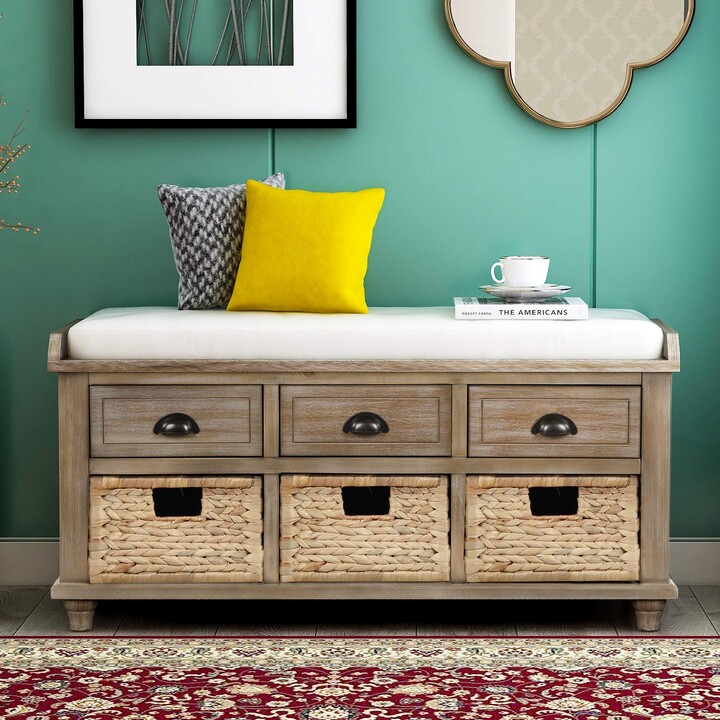 NicBex Storage Bench with 3 Drawers and 3 Rattan Baskets Modern Seat ...