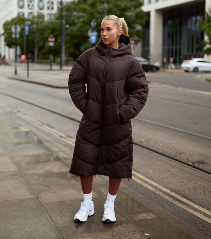 Women's Brown Longline Puffer Jacket Gym King - ShopStyle