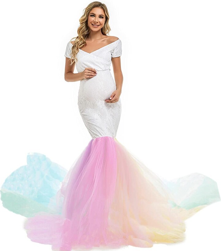 AYMENII Pastel Rainbow Tulle Mermaid Maternity Dress Off-Shoulder ...