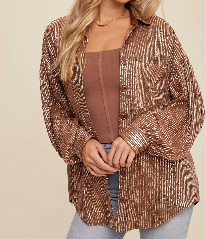 Listicle Oversized Sequin Button Down Shirt In Copper - ShopStyle Tops