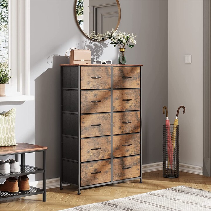 TONWIN Rustic Brown Wood Grain Drawers Fabric Dresser with Fabric Bins ...