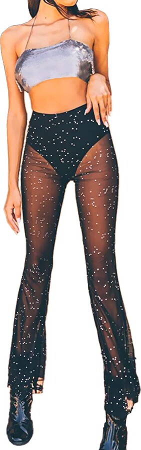 Anlaey Womens Rave Mesh Sheer Sparkly Pants Sequin Flared Bell Bottom