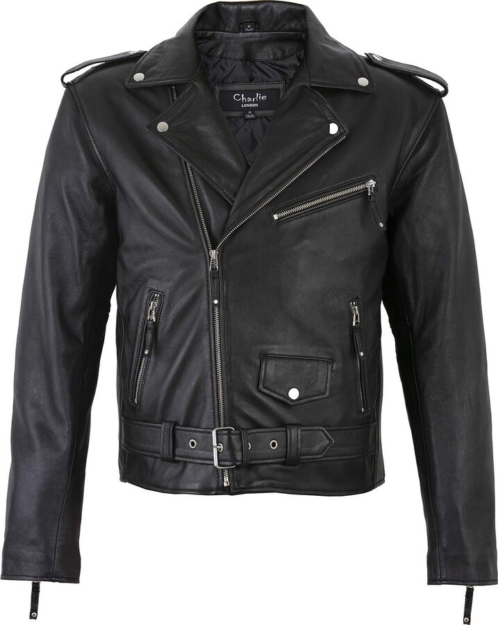 Charlie LONDON Men's Belted Cross Zip Brando Biker Black Leather Jacket ...