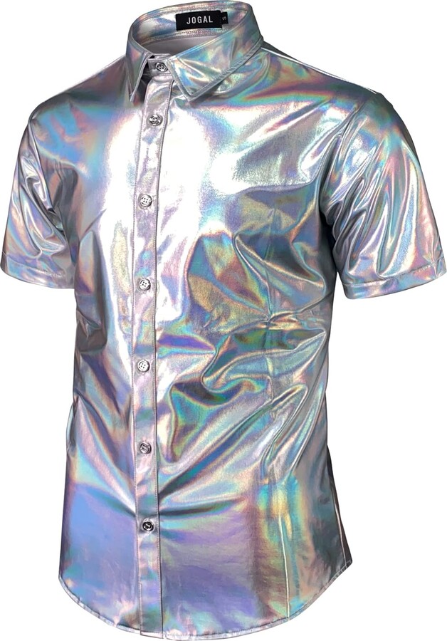 JOGAL Men's 70s Disco Shiny Metallic Gold Silver Short Sleeve Button Down Shirt - ShopStyle
