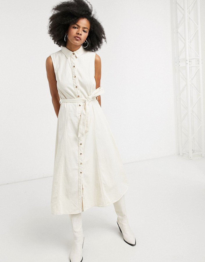 Object denim midi shirt dress with tie front in cream - ShopStyle