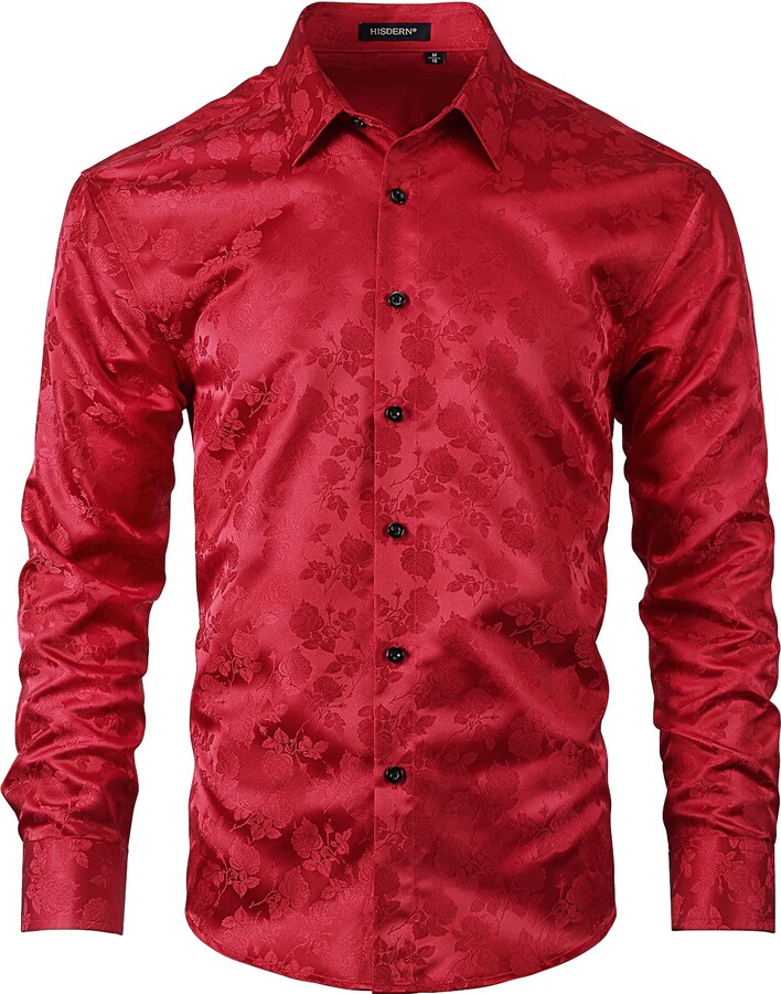 Enlision Men's Floral Silk Dress Shirt Jacquard Red Satin Shirt for Men ...