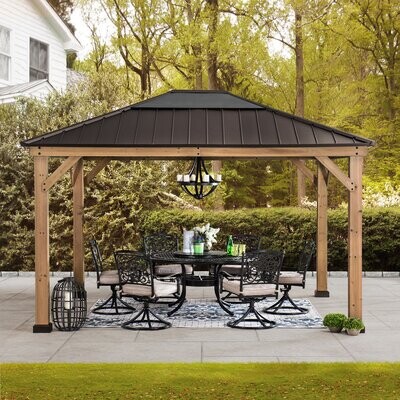Sunjoy Grayden 11 ft. D x 13 ft. W Patio Cedar Framed Gazebo with Brown ...