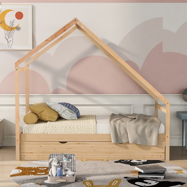 IGEMAN Twin Size Simple Daybed Wooden House Bed Frame with Trundle ...