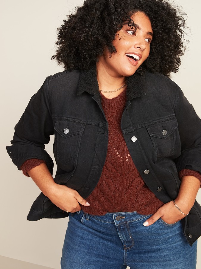 Old Navy Sherpa-Lined Boyfriend Plus-Size Black Jean Jacket - ShopStyle