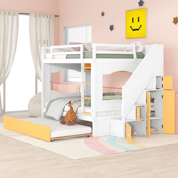 GEROJO Sturdy Full-Over-Full Bunk Bed with Trundle, Ladders, Stairs ...