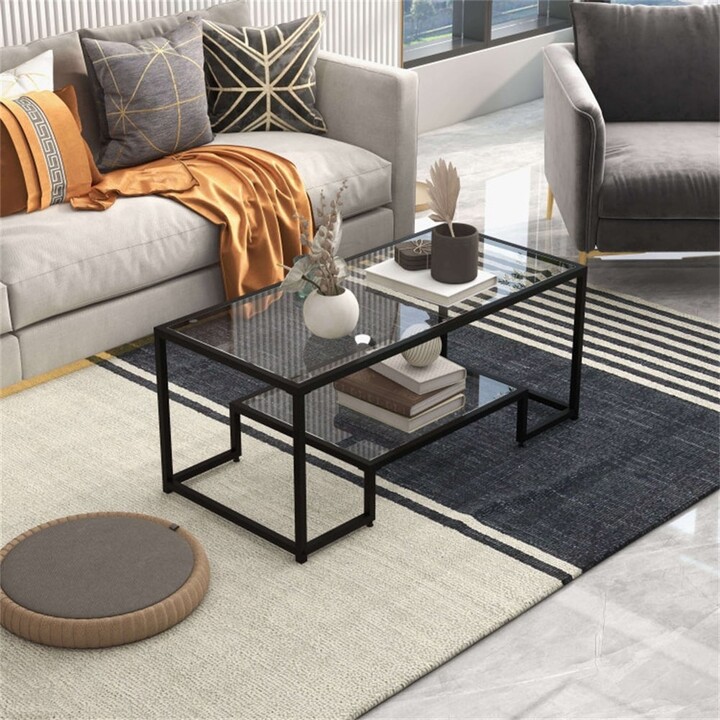 BESTCOSTY Modern 2-Tier Rectangular Coffee Table with Glass Table Top ...