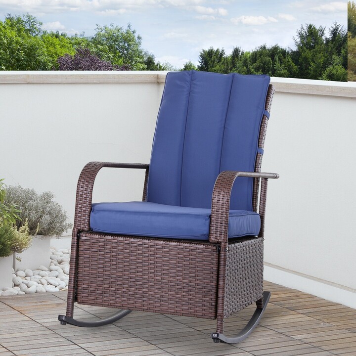 Outsunny Outdoor Wicker Rattan Recliner Rocking Cushioned Chair with ...
