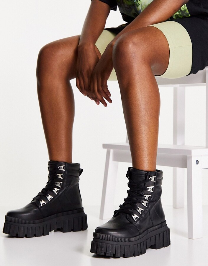 ASOS DESIGN Aaron premium leather chunky hikers in black - ShopStyle Boots