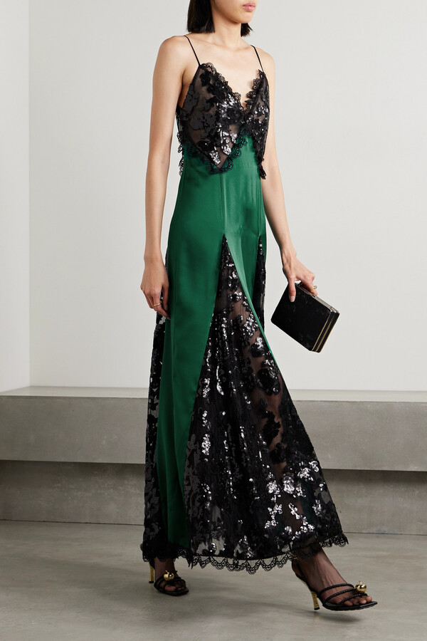 Rodarte Sequin-embellished Cotton-blend Lace-trimmed Satin Maxi Dress - Green - ShopStyle