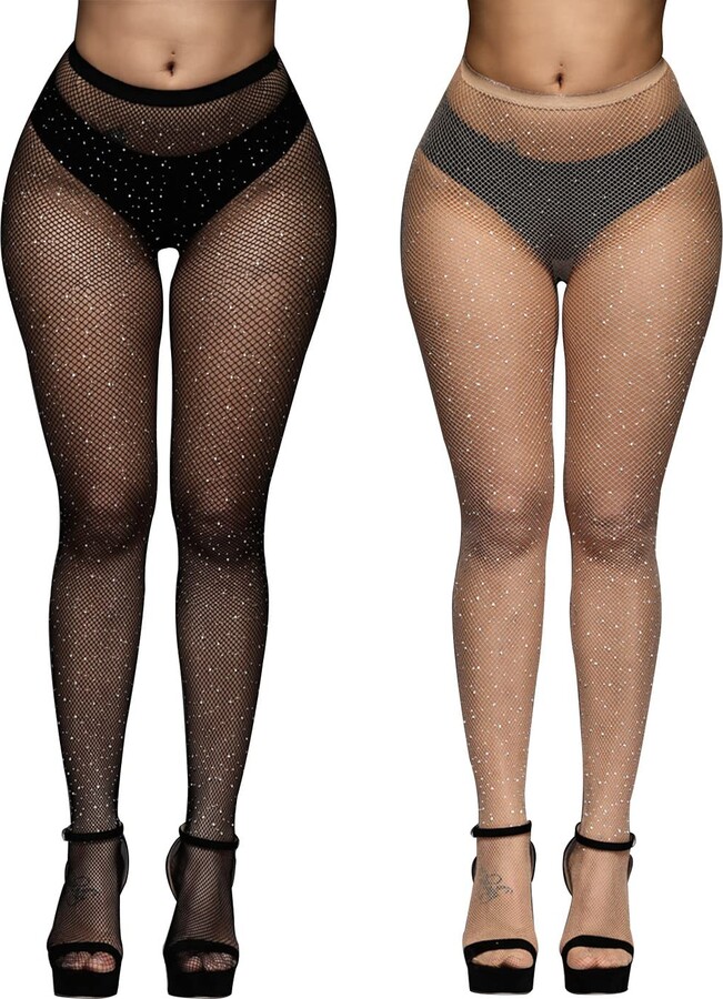 SIMYJOY 2 Pairs Women Fishnet Tights Rhinestone Mesh Tights Glitter Sparkle Diamond Stockings ...