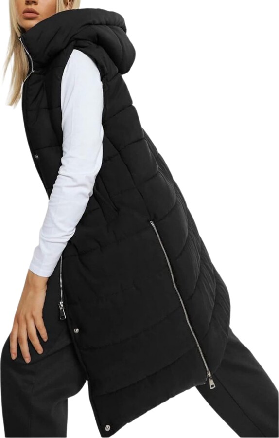 Comfiestyle Womens Padded Gilet Ladies Longline Hooded Jacket Quilted Winter Wear Long Coat (XL ...