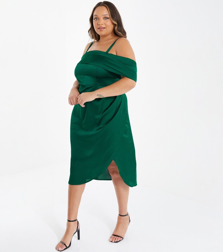 Quiz Curves Dark Green Satin Strappy Cold Shoulder Midi Dress Shopstyle