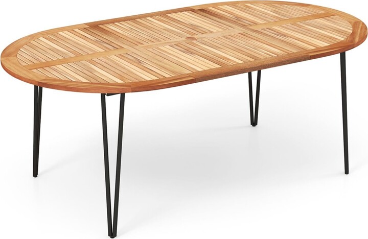 Slickblue 79 Inch Oval Patio Dining Table with Umbrella Hole and Acacia ...