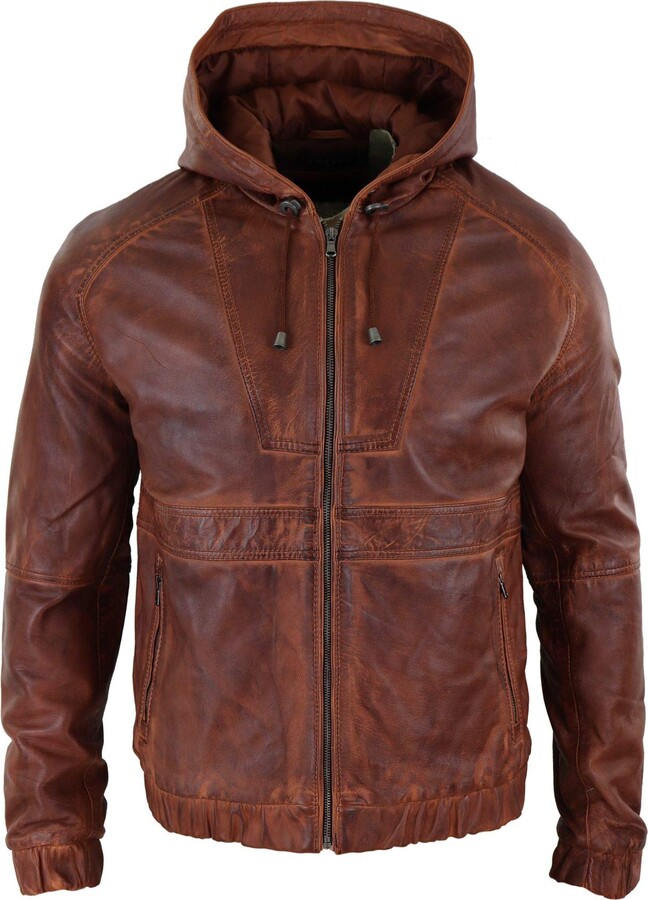 Infinity Leather Mens Real Leather Hood Bomber Jacket Tan Brown Black ...