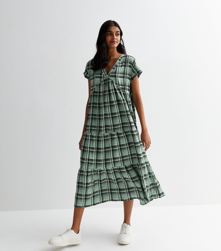 Gini London Dark Green Check Print Midaxi Smock Dress - ShopStyle