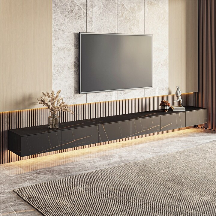 POVISON Modern Black Floating TV Stand, Sintentered Stone Wall-mounted ...