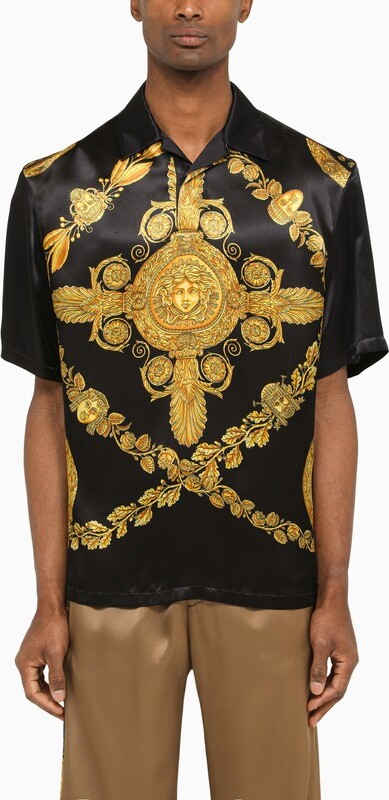 Versace Black/gold satin polo shirt - ShopStyle