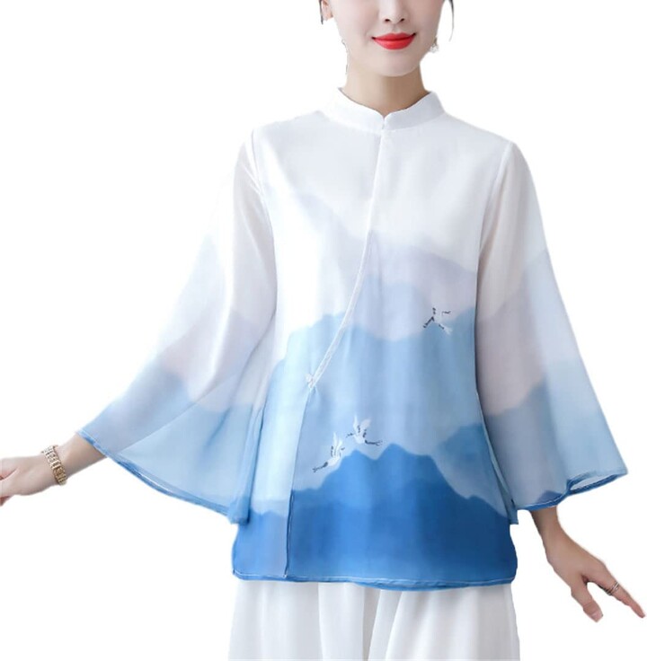 Mokkpeq Chiffon White Blouses Printing Chinese Traditional Women Hanfu ...
