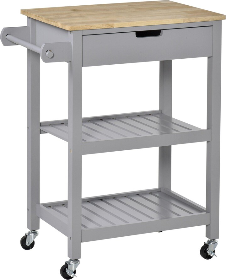 HOMCOM Kitchen Trolley Utility Cart with Rubberwood Worktop Towel Rack ...