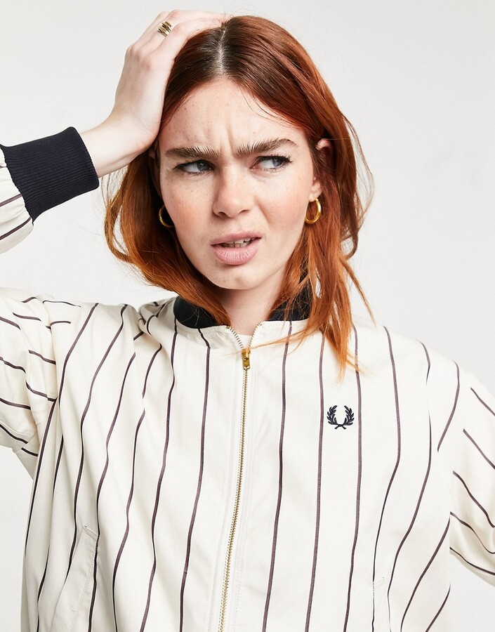 Fred Perry striped batwing bomber jacket in white - ShopStyle